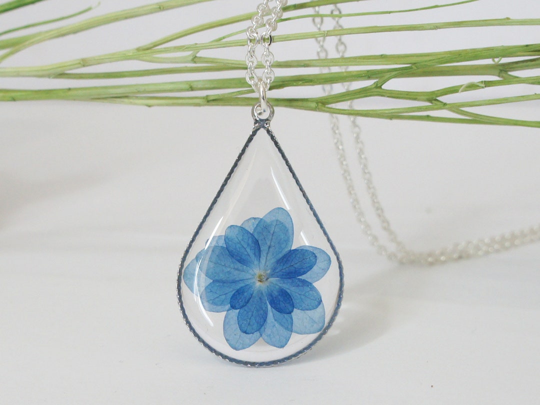Hydrangea Necklace, Pressed Flowers Necklace, Resin Necklace, Blue ...