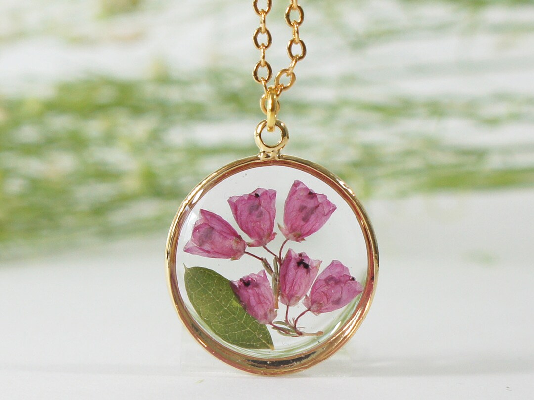Heather Pressed Flower Necklace, Real Flower Jewelry, PINK Necklace ...