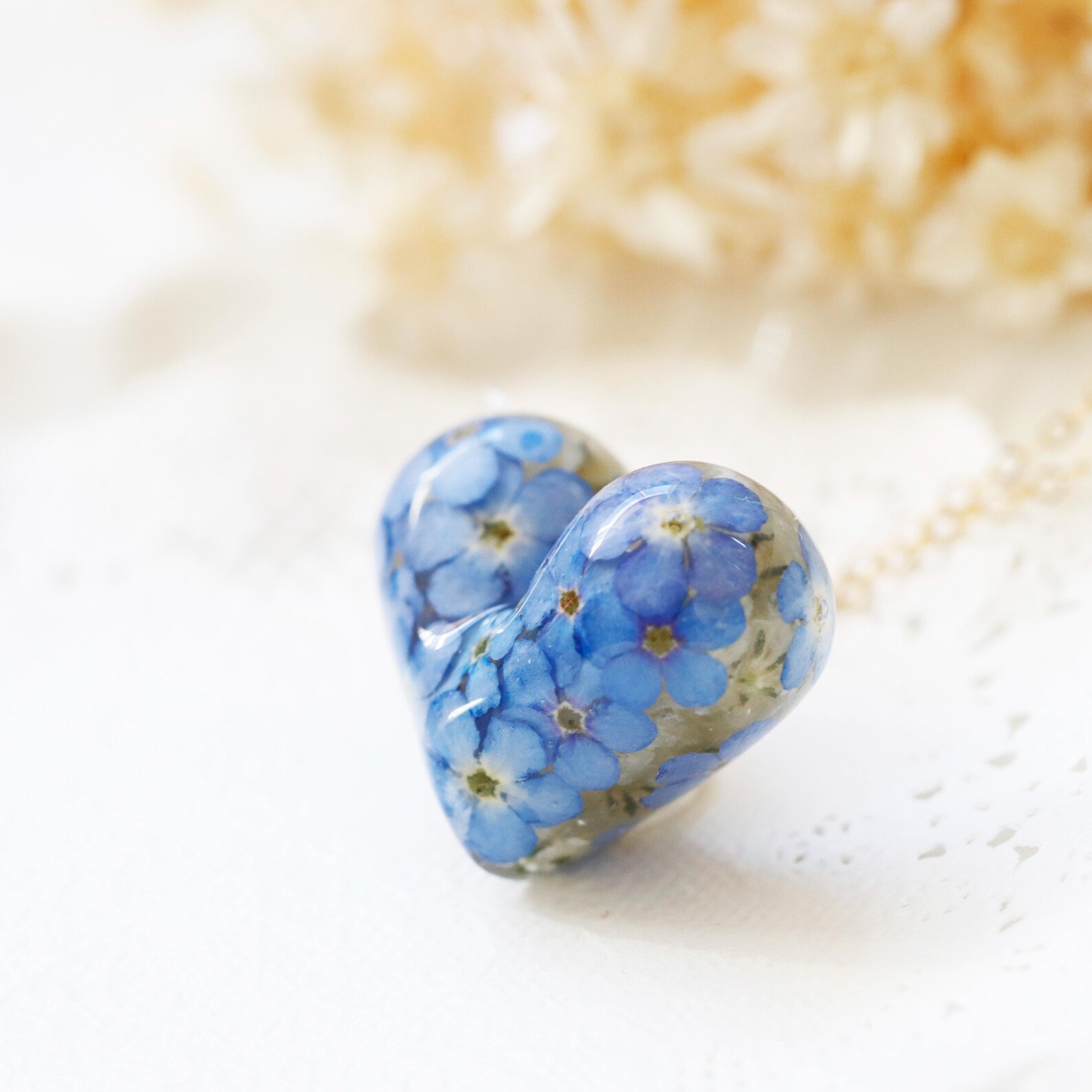 Heart Necklace, Pressed Flowers Necklace, Resin Necklace, Forget Me Not ...