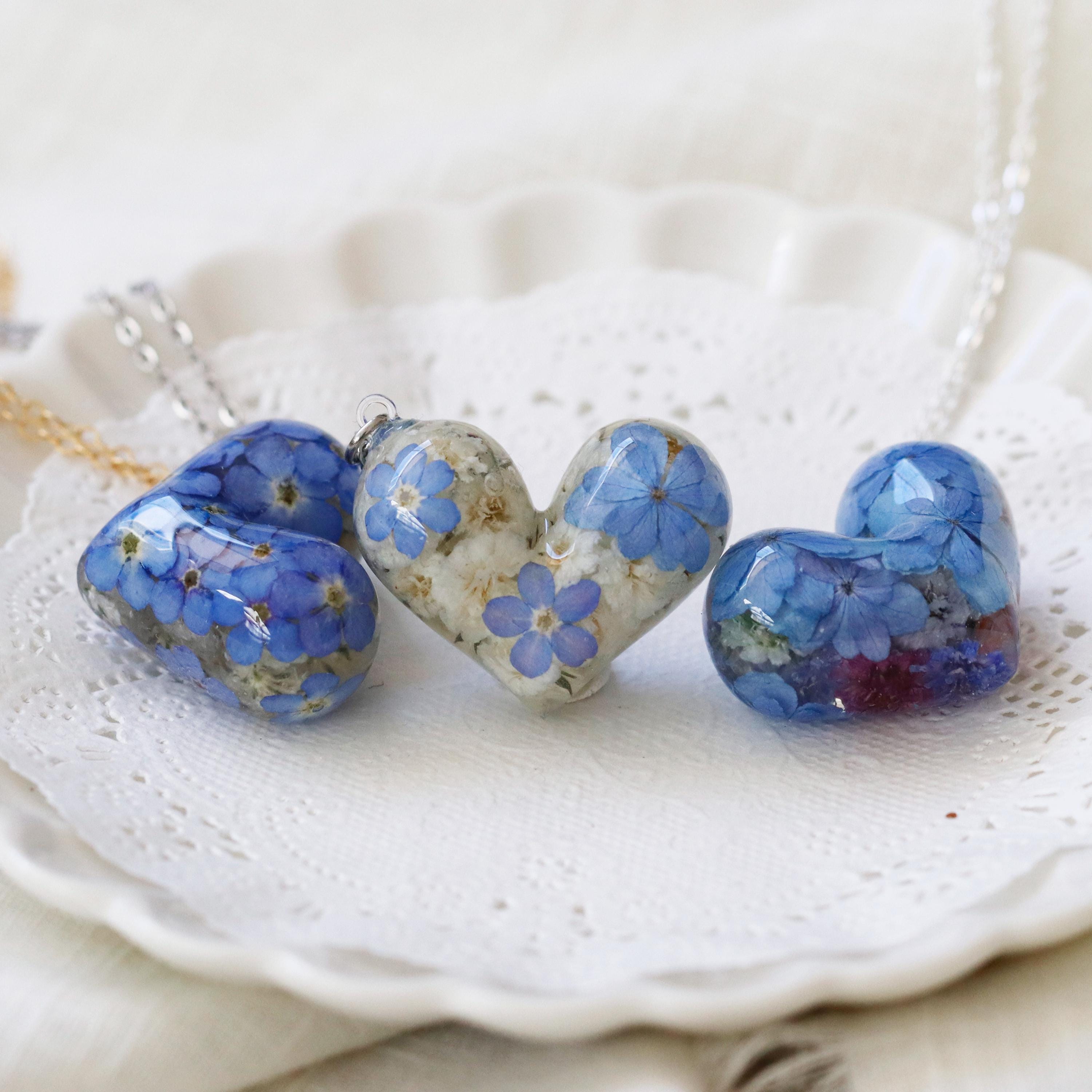 Forget Me Not Necklace, Heart Necklace, Pressed Flowers Necklace, Resin ...