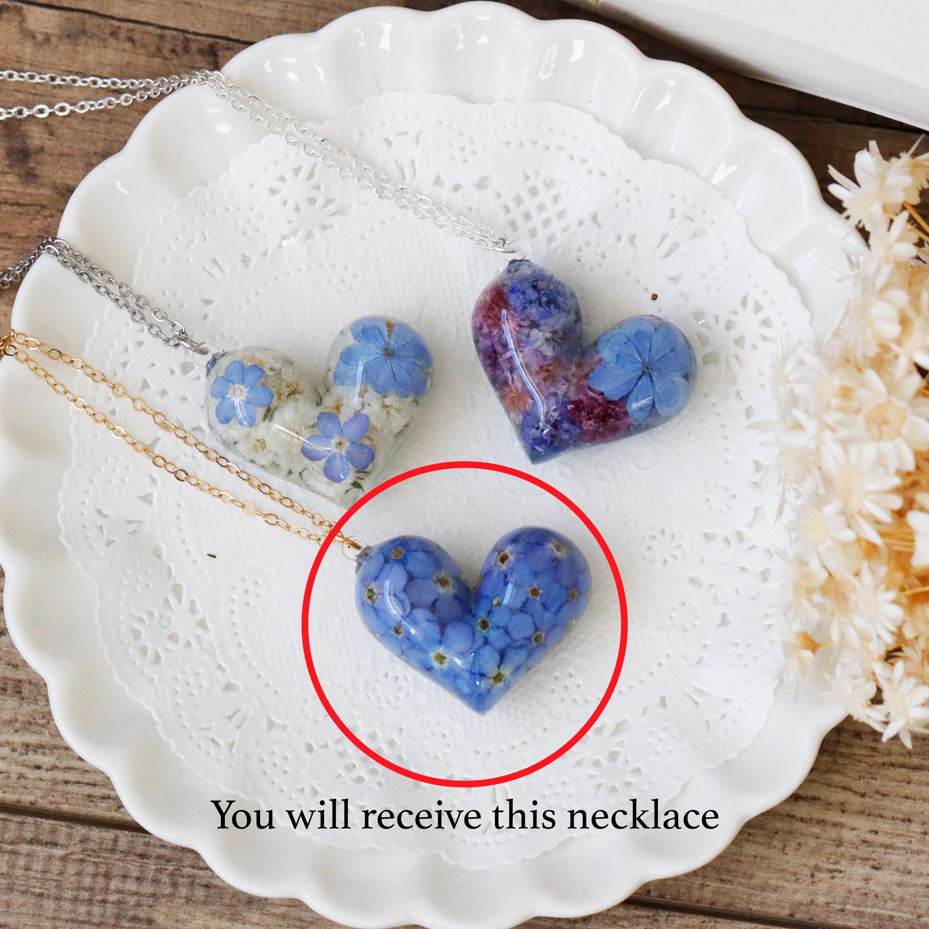 Forget Me Not Necklace, Heart Necklace, Pressed Flowers Necklace, Resin ...