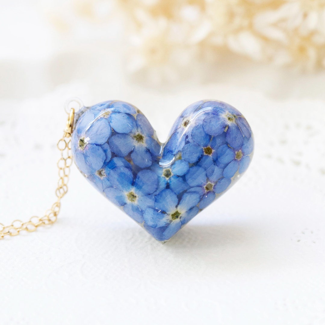 Forget Me Not Necklace, Heart Necklace, Pressed Flowers Necklace, Resin ...