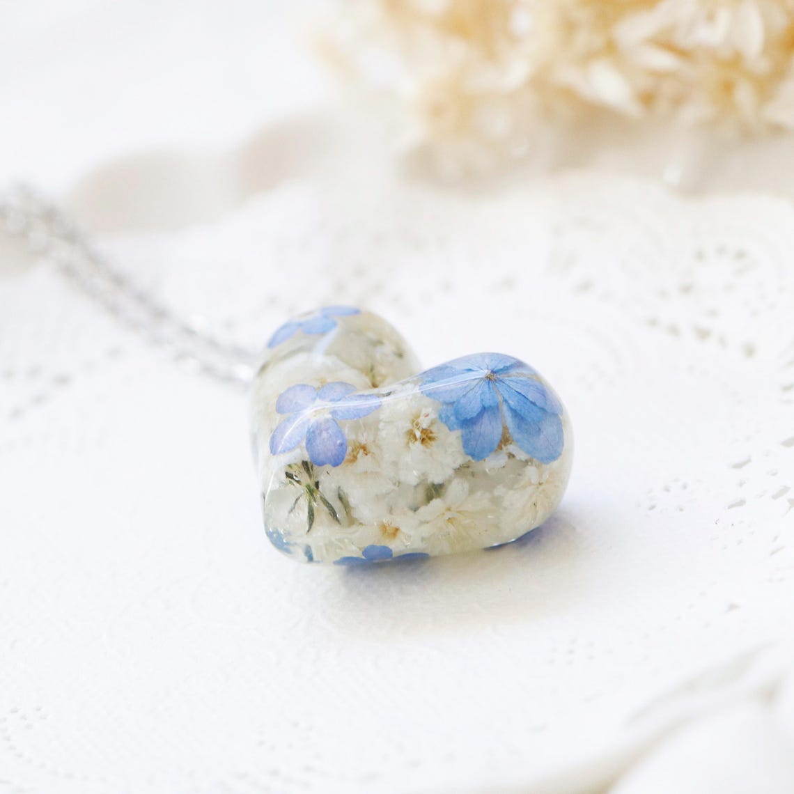 Forget Me Not Necklace, Heart Necklace, Pressed Flowers Necklace, Resin ...