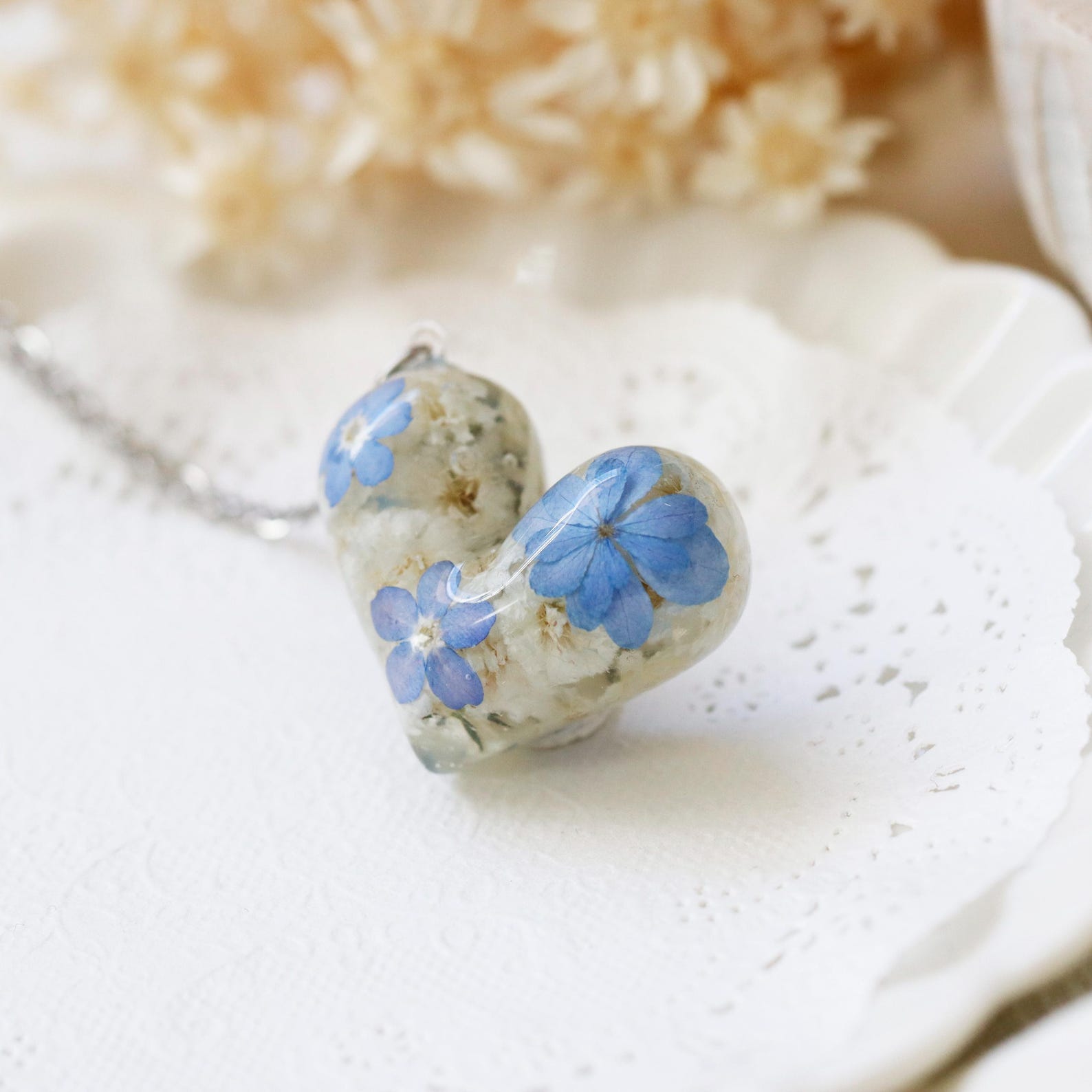 Forget Me Not Necklace, Heart Necklace, Pressed Flowers Necklace, Resin ...