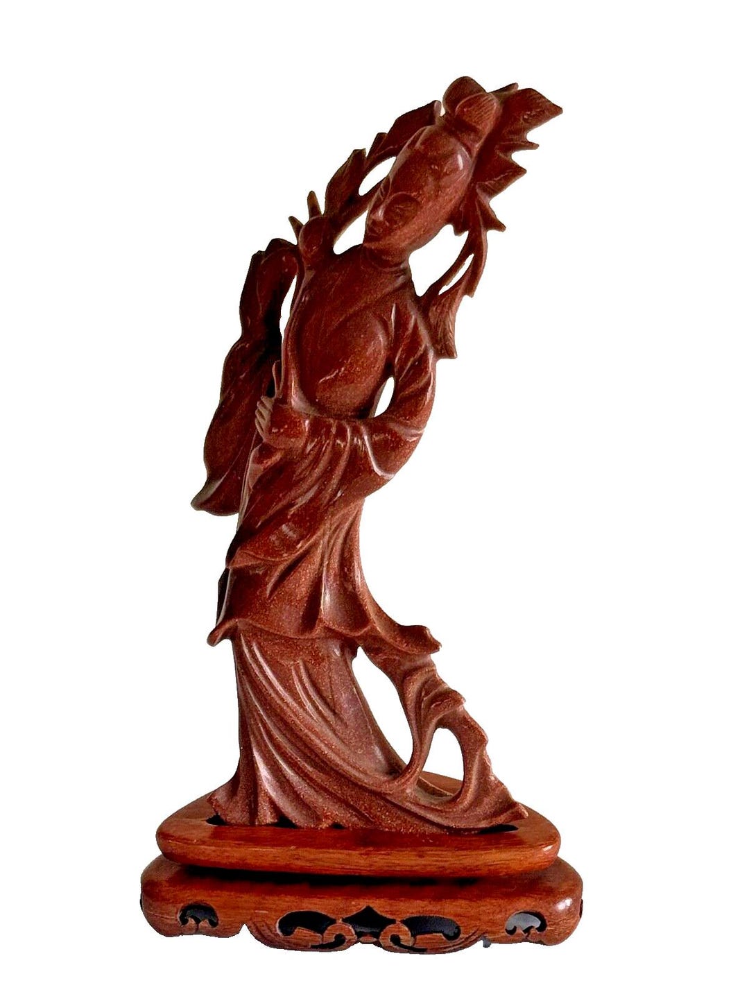 Vintage Chinese Carved Goldstone Aventurine Quan Yin Sculpture on Wood ...