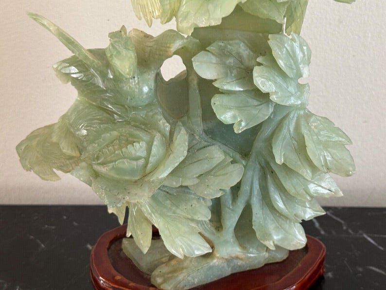 Antique Chinese Hand Carved Jade Phoenix Bird and Peonies Sculpture ...