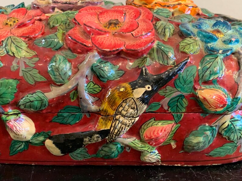 Antique Papier Mache Relief Floral Bird Decoration Lacquer Box - Etsy