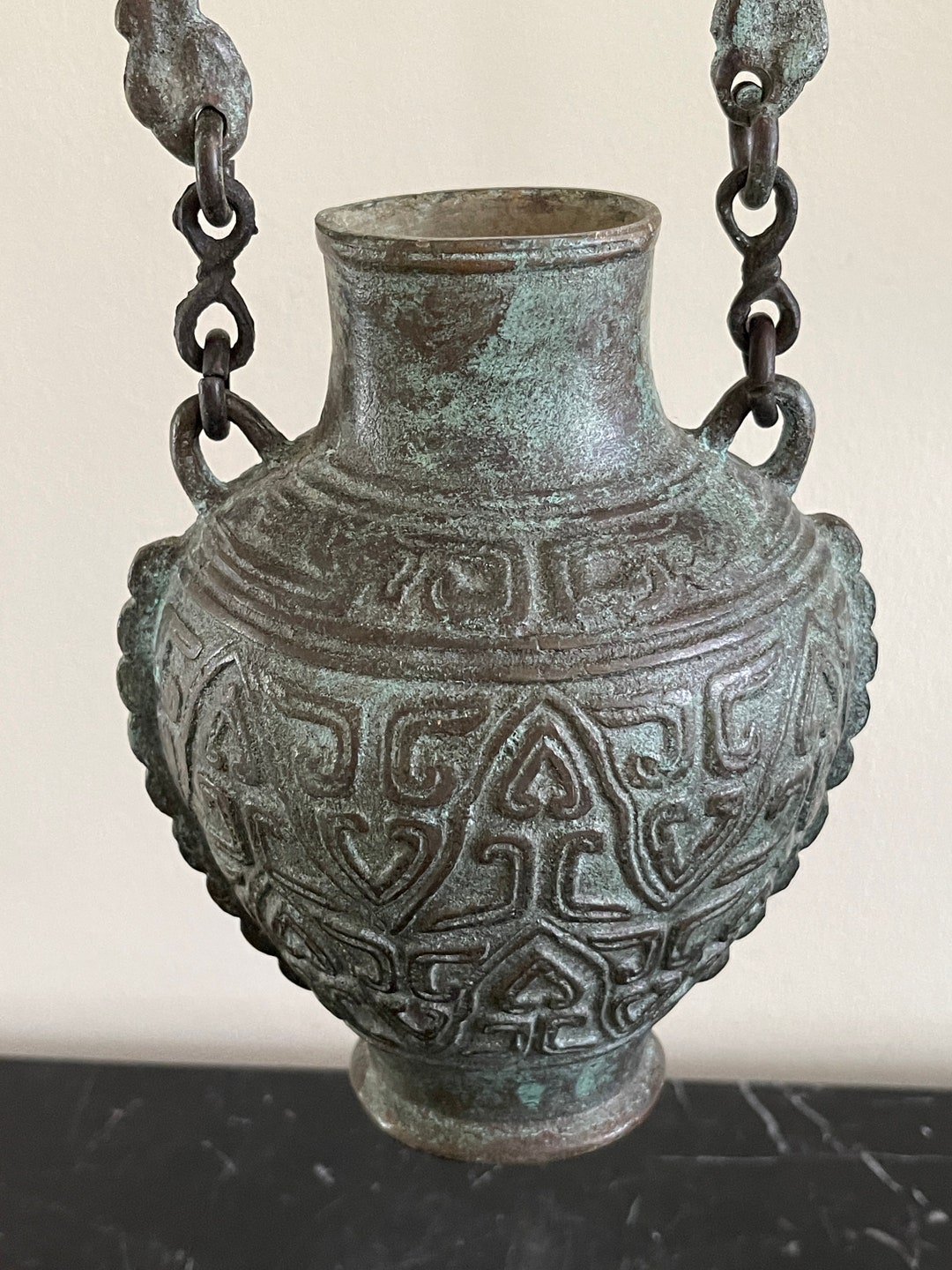 Vintage Chinese Solid Bronze Jar Jug Vessel With Chain Handle - Etsy