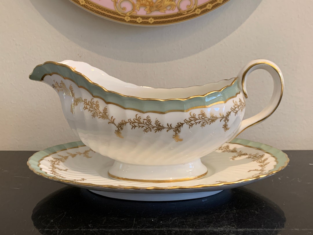 John Aynsley Pattern 8155 Green and Gold Gravy Sauce Bowl and ...