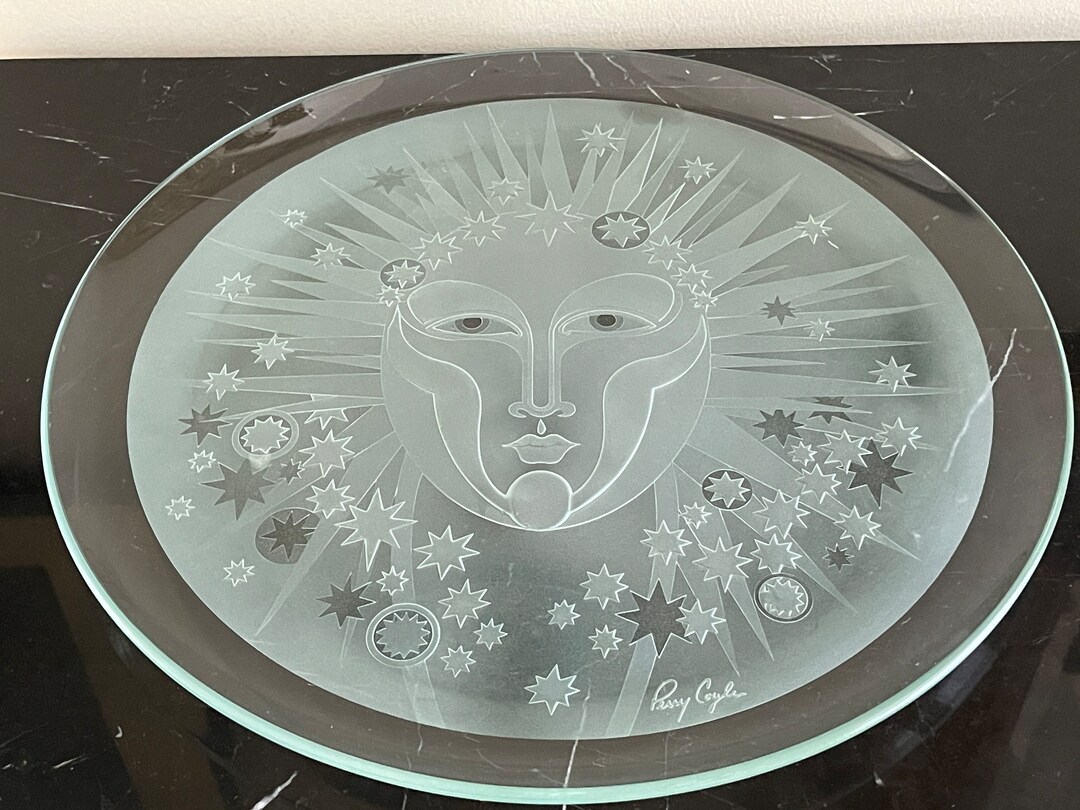 Vintage Signed Perry Coyle Etched Art Glass Serving Platter or Cake ...