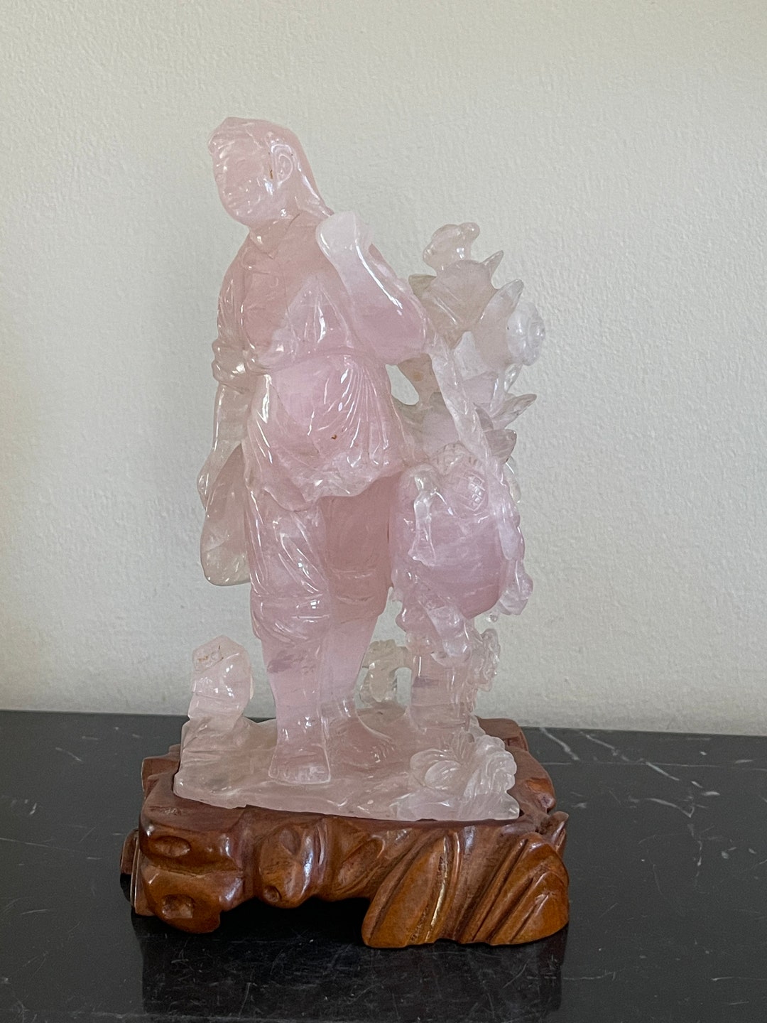 Vintage Chinese Hand Carved Rose Quartz Figurine Wood Base - Etsy