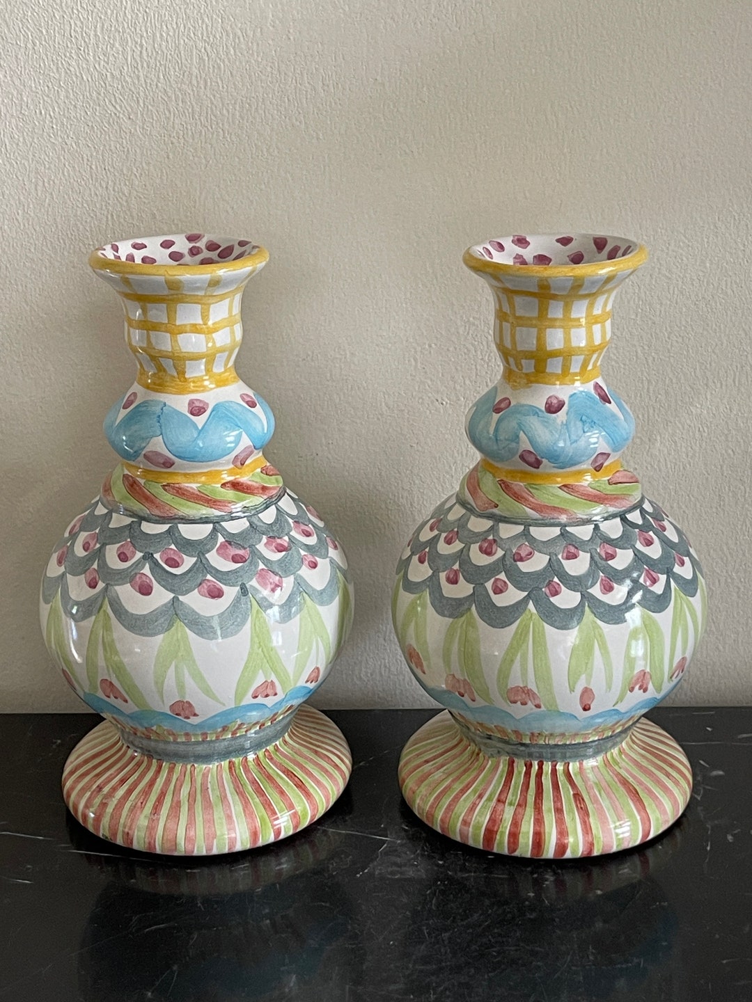 Mackenzie Childs Taylor King Ferry Pair of Bud Vase Candle Holders ...