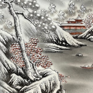 Amazing Vintage Chinese Winter Scene Landscape Framed Porcelain Plaque ...