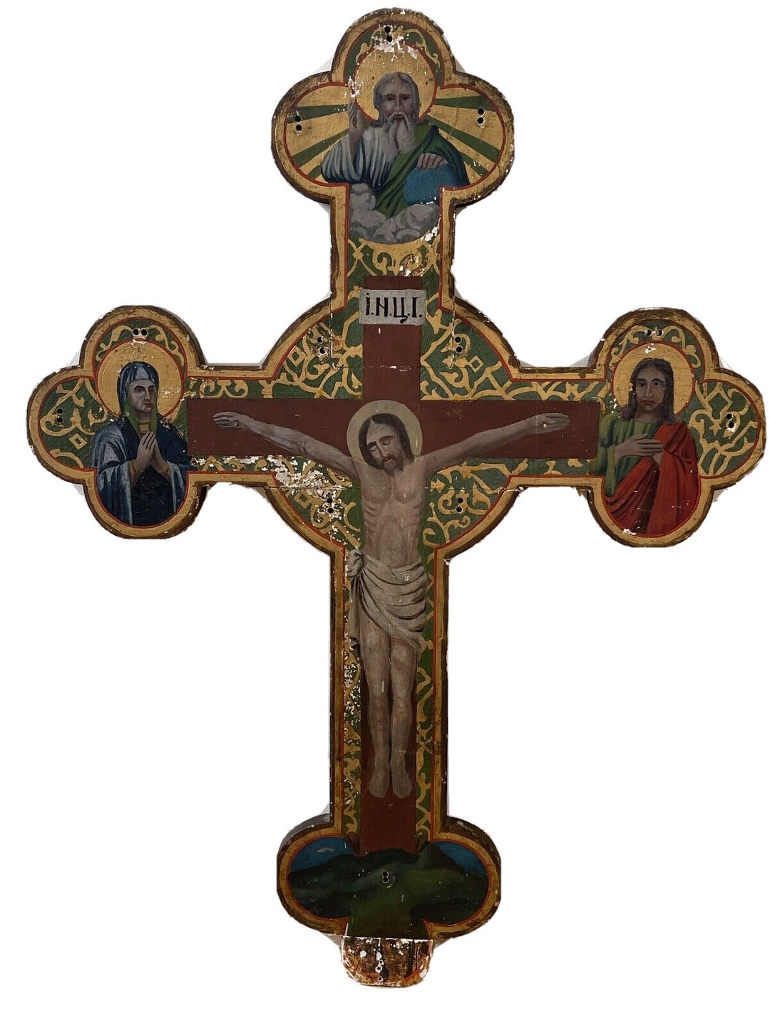 Monumental 35" Antique Processional Wood Cross With Hand Painted ...