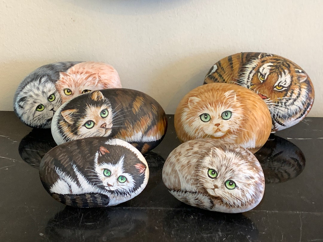 Vintage Set of 6 Hand Painted Cats on Rocks Paperweights Signed by ...