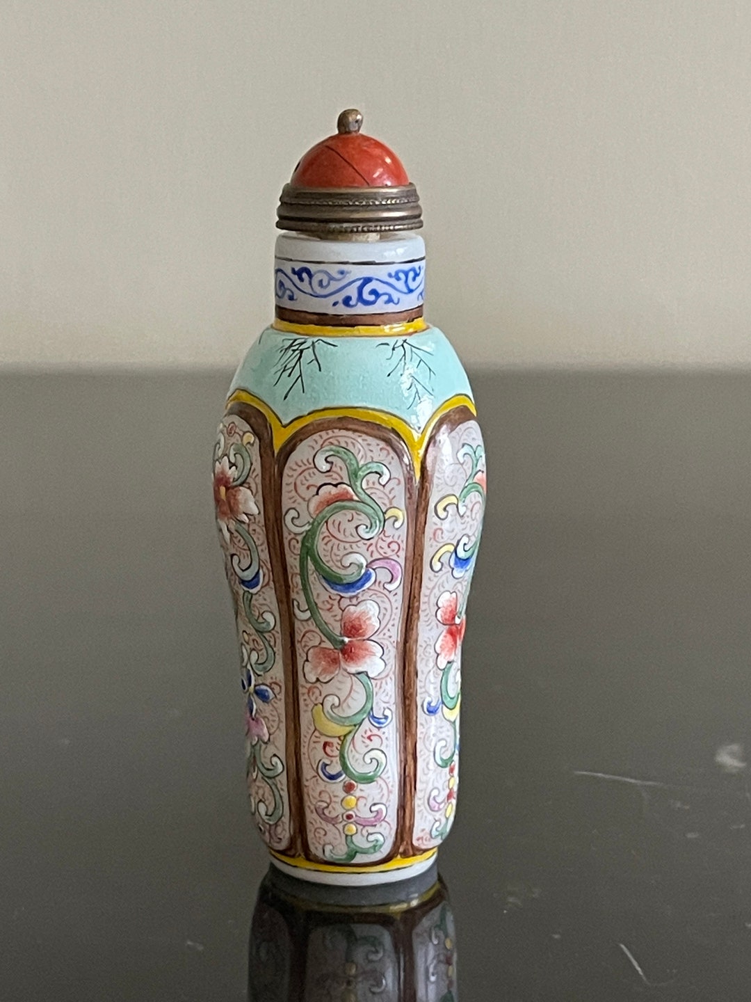 Vintage Chinese Peking Glass Snuff Bottle W 6-panel Hand Painted Floral ...