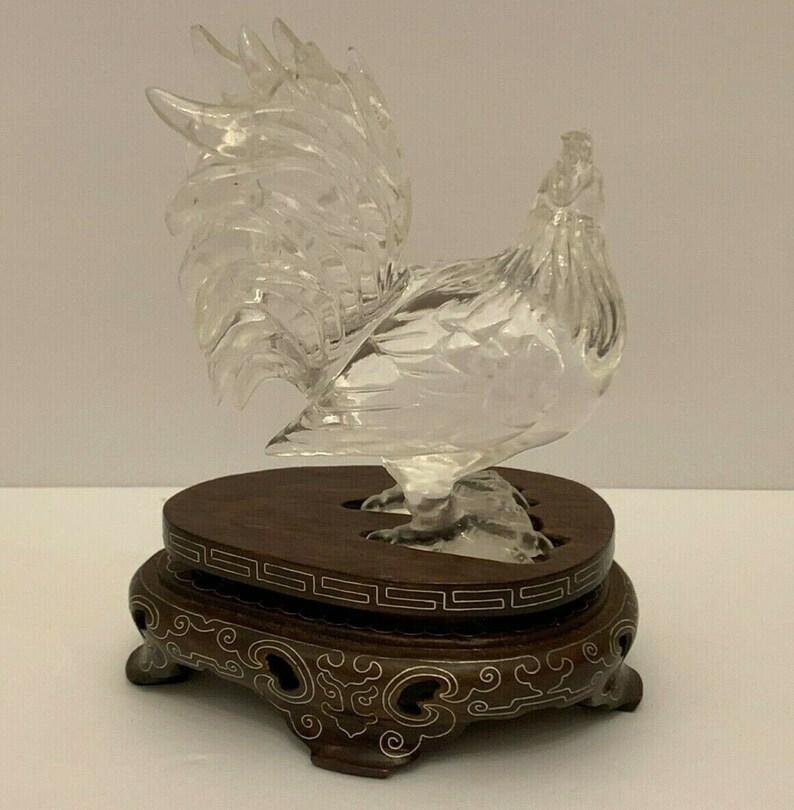 Antique Chinese Carved Rock Crystal Rooster Sculpture on Wood Base - Etsy