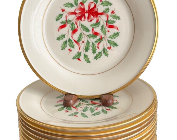 Lenox Dimension Collection 8 Holiday Gold Red Ribbon Set of 14 Salad ...