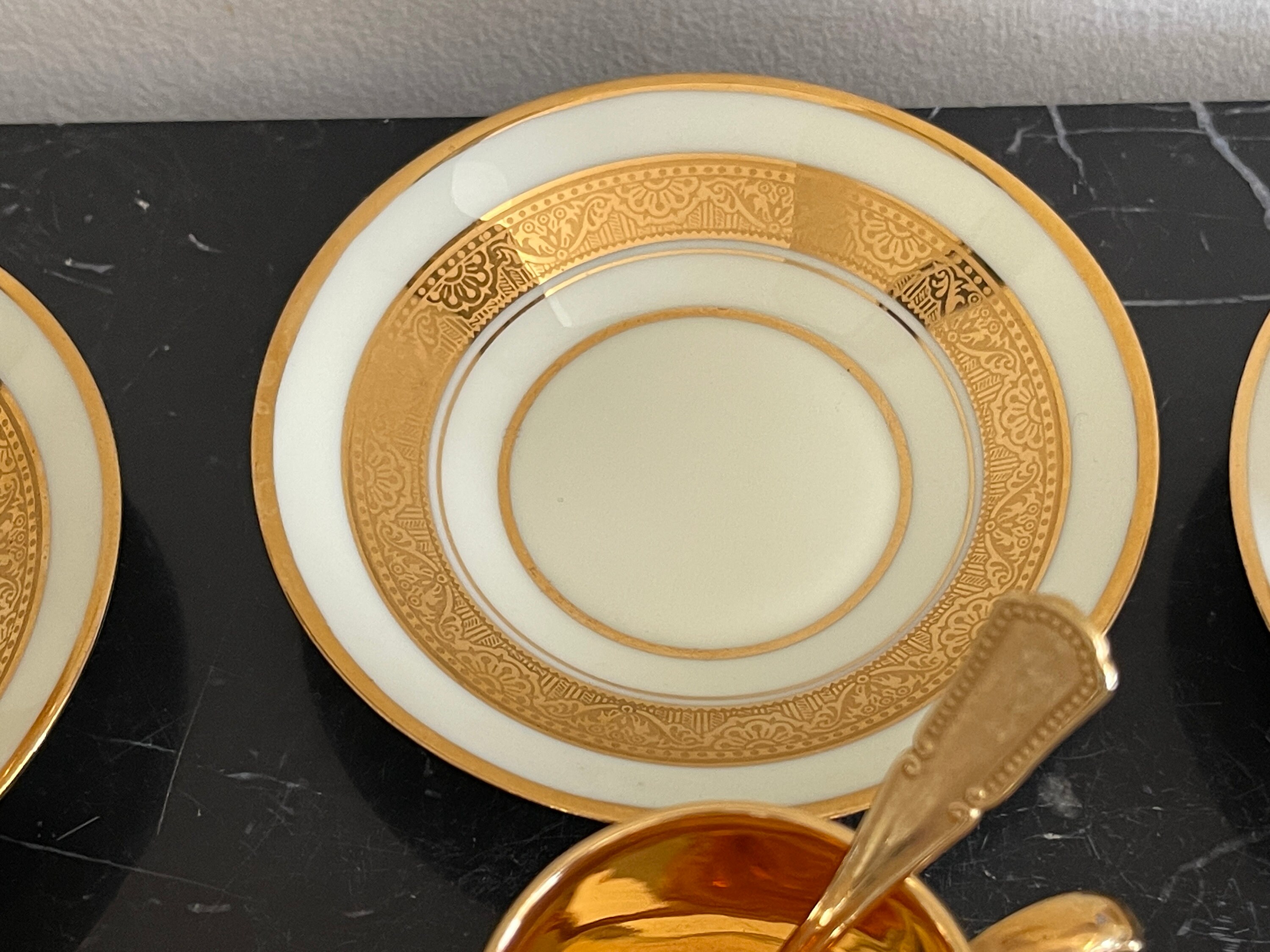 Legle Porcelain Limoges Gold Encrusted Set 6 Demitasses, 5 Legle Porcelain Limoges Gold Encrusted Set 6 Demitasses, 5
