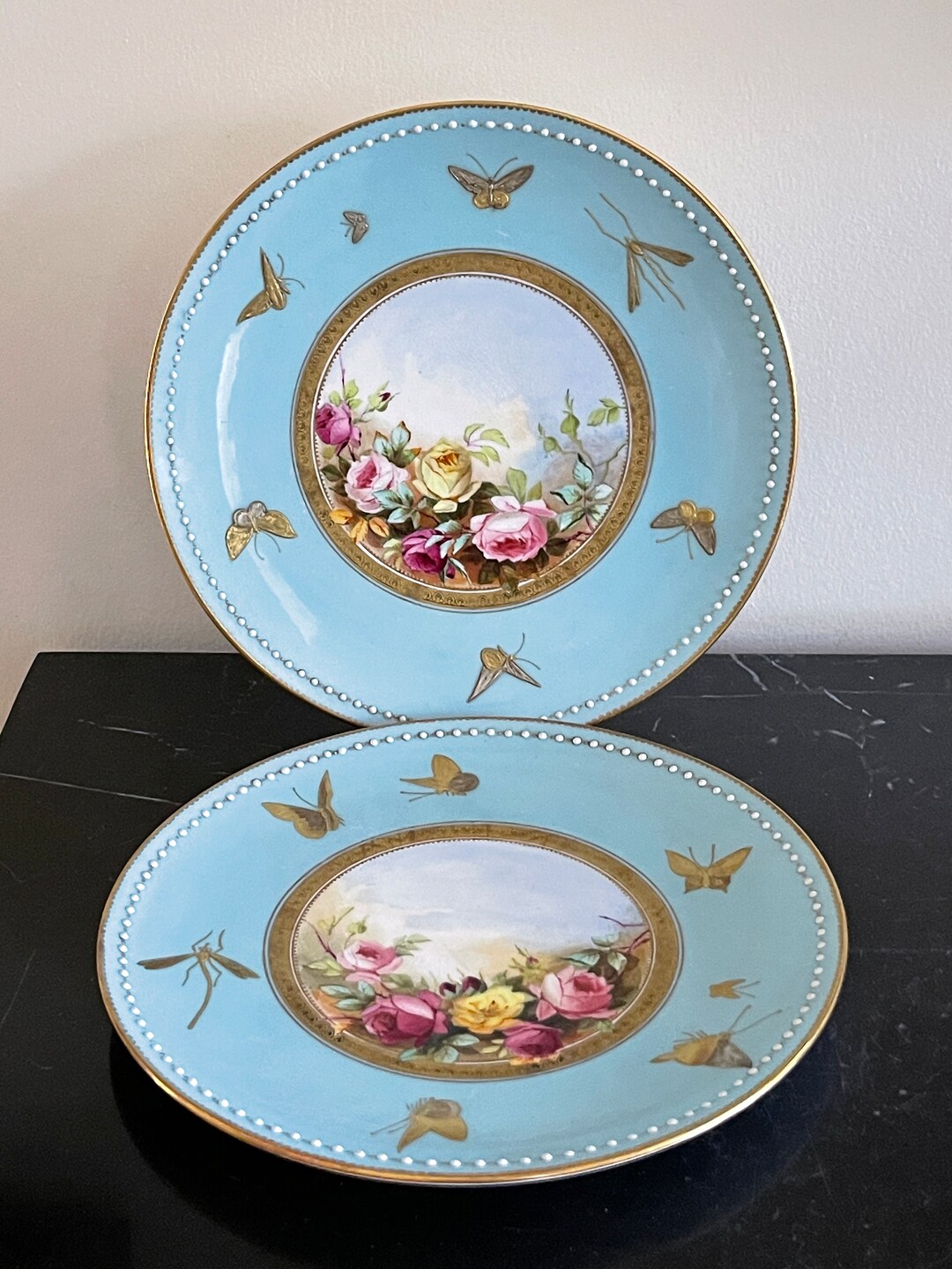 Antique AYNSLEY Turquoise Porcelain Plates Decorated W Roses & Gold ...