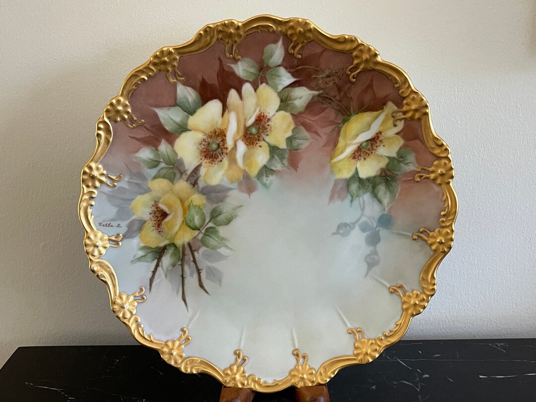 Victorian French Hand Painted Yellow Flowers Plate With Gold Rim Signed ...