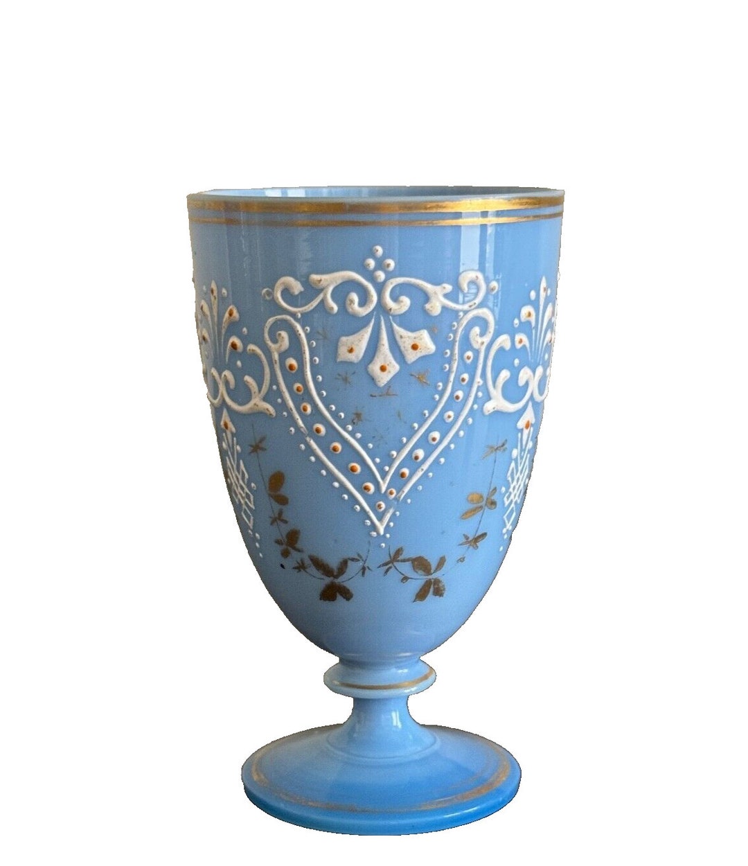 Vintage Blue Opaline Glass Goblet With White Enamel Decoration - Etsy