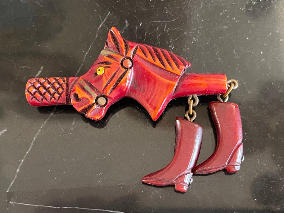 Vintage Bakelite Horse Head With Glass Eyes and Pair of Boots Pin ...