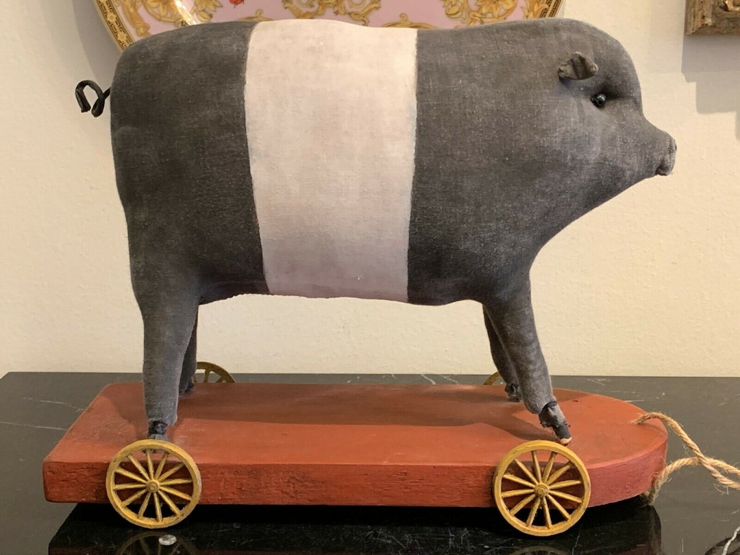 Antique Stuff Pig Pull Toy on Wooden Platform and Spoked Metal Wheels ...