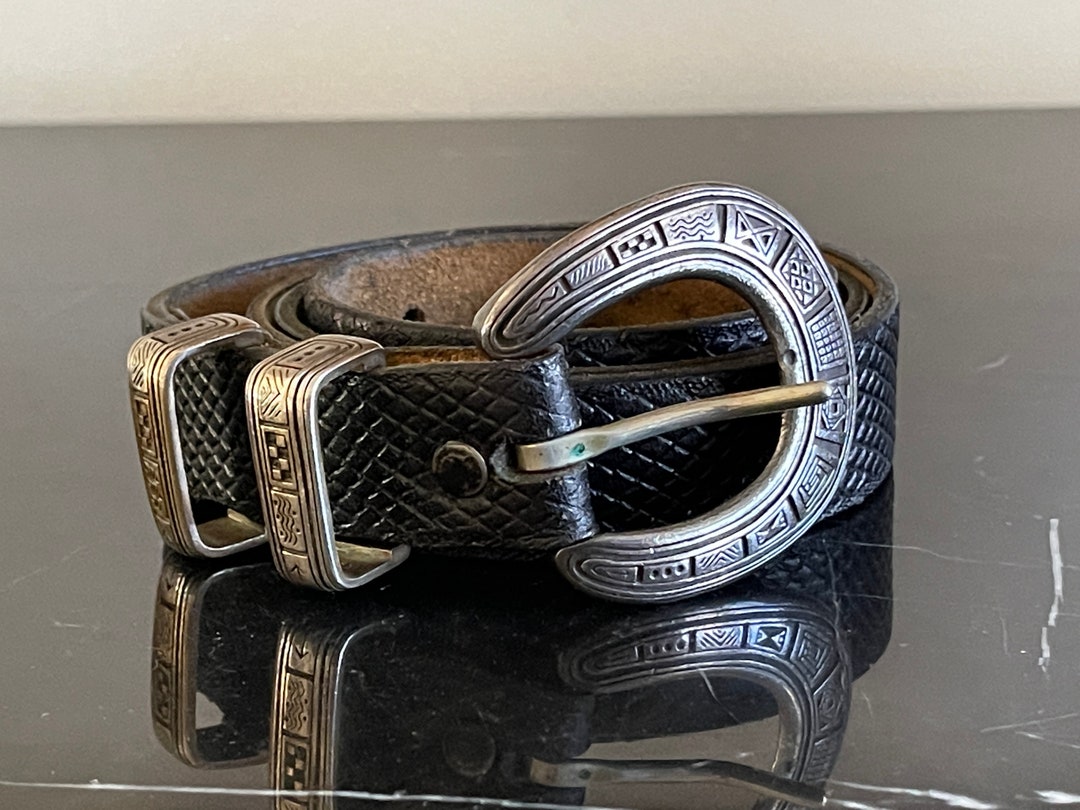Santa Fe Sterling Buckle Black Leather Belt Hand Made by Judy Pollock ...