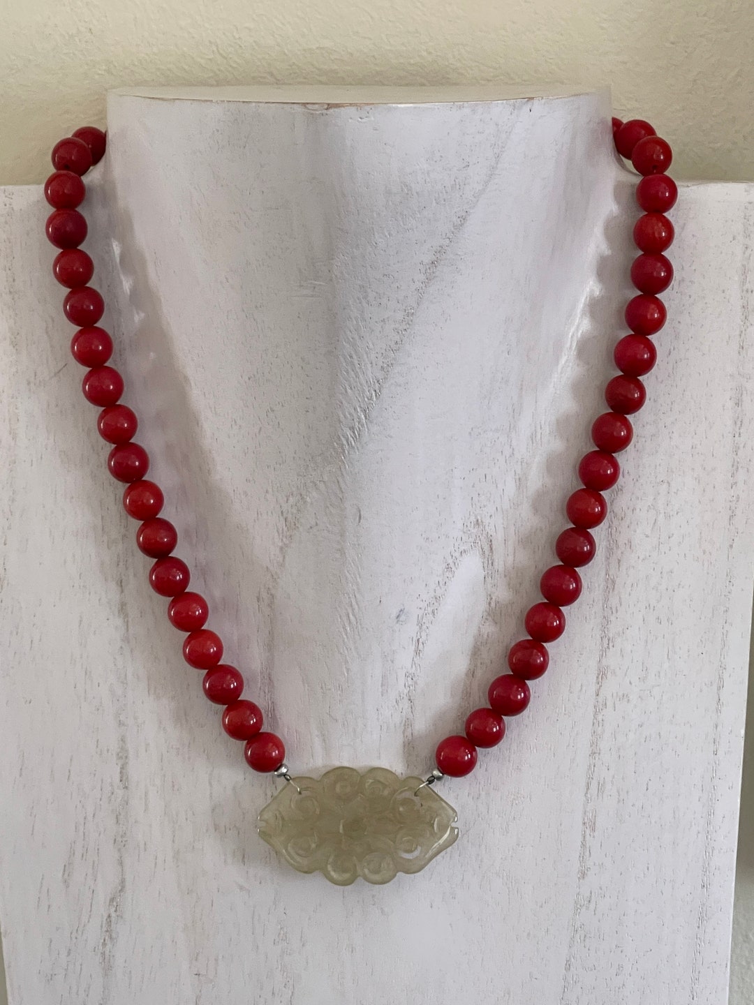 Vintage 39 Grams Chinese Coral Necklace With Carved Stone Pendant * - Etsy