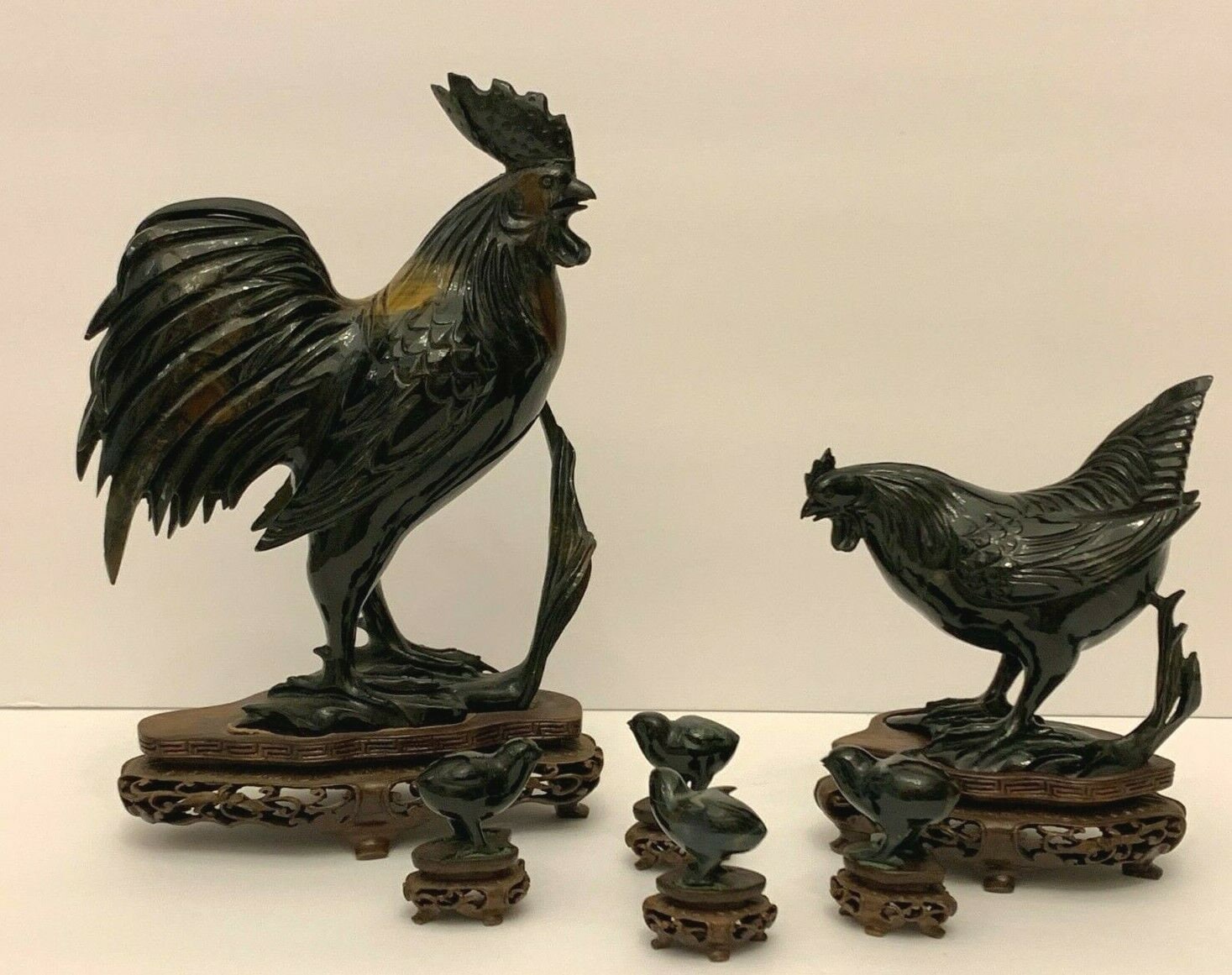 Antique Chinese Carved Natural Stone Rooster Hen and Chicks Group ...