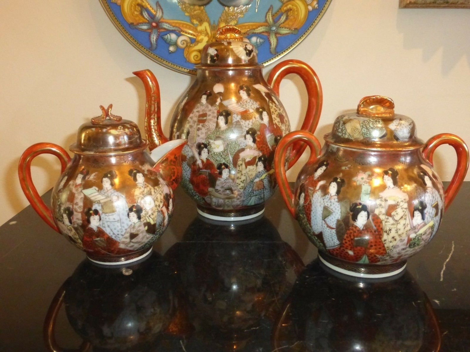 Antique Japanese Kutani Porcelain GEISHAS Tea Set Signed Dai Nippon ...