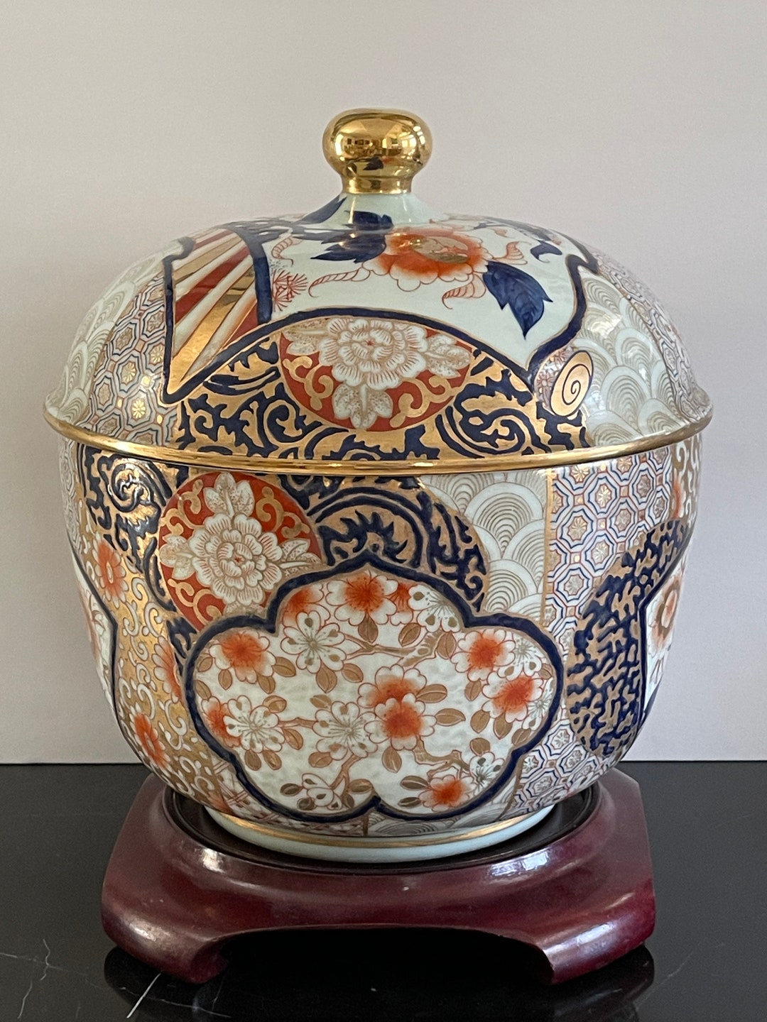Impressively Large Japanese Imari Porcelain Covered Jar on Wood Stand ...