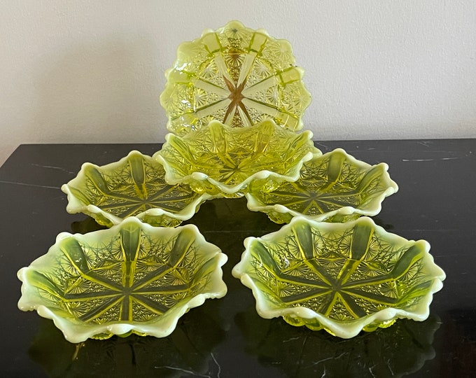 Victorian Pearline Glass 6 Lady Chippendale Uranium Yellow Dishes by ...