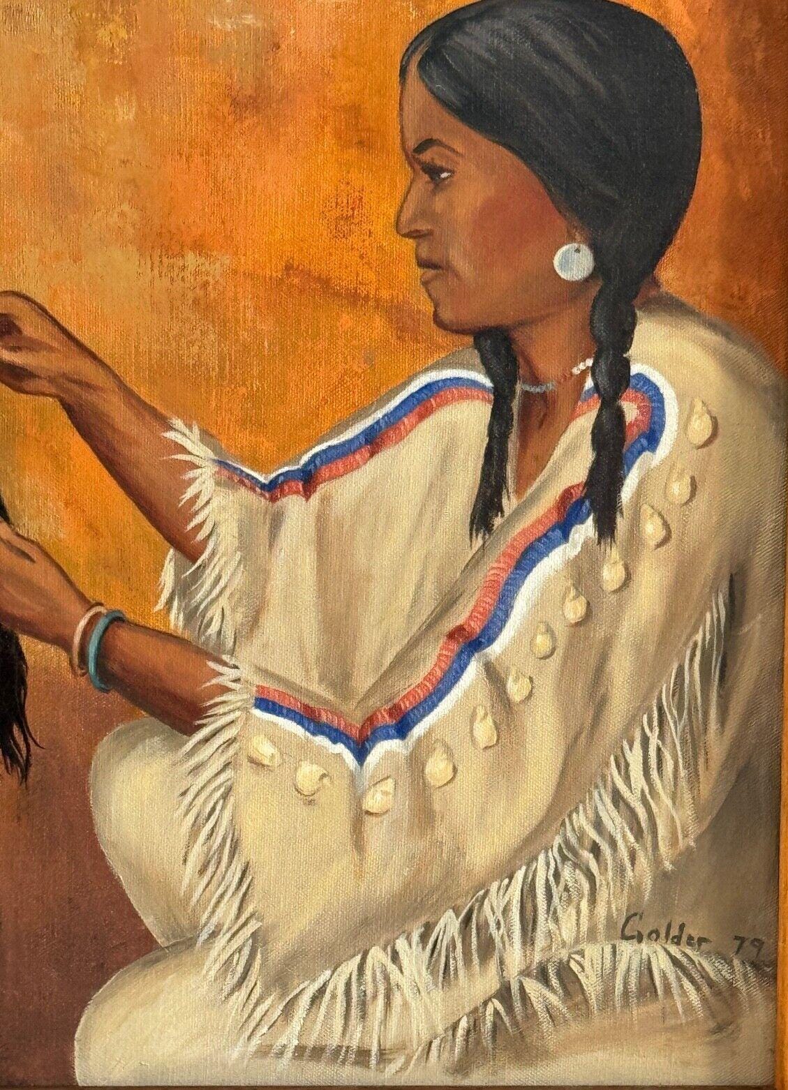 Artist Signed 1979 Native American Women Braiding Hair Oil on Canvas ...