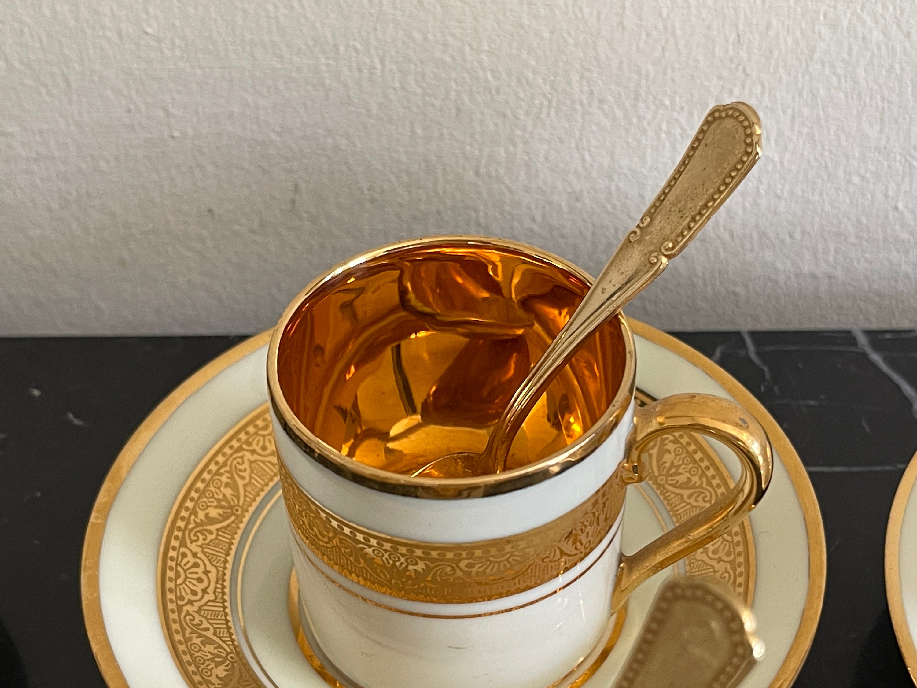 Legle Porcelain Limoges Gold Encrusted Set 6 Demitasses, 5 Legle Porcelain Limoges Gold Encrusted Set 6 Demitasses, 5