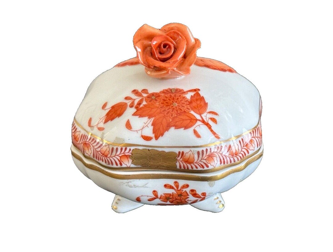Herend Hand Painted Chinese Bouquet Rust Porcelain Trinket Box 6179/AOG ...