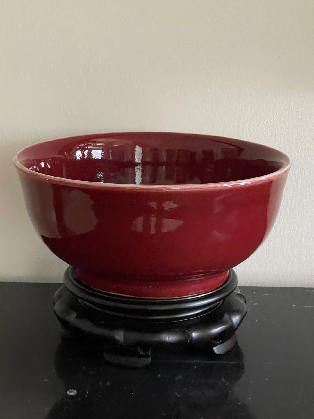 Antique Chinese Red Glazed Bowl or Centerpiece on Wood Base - Etsy