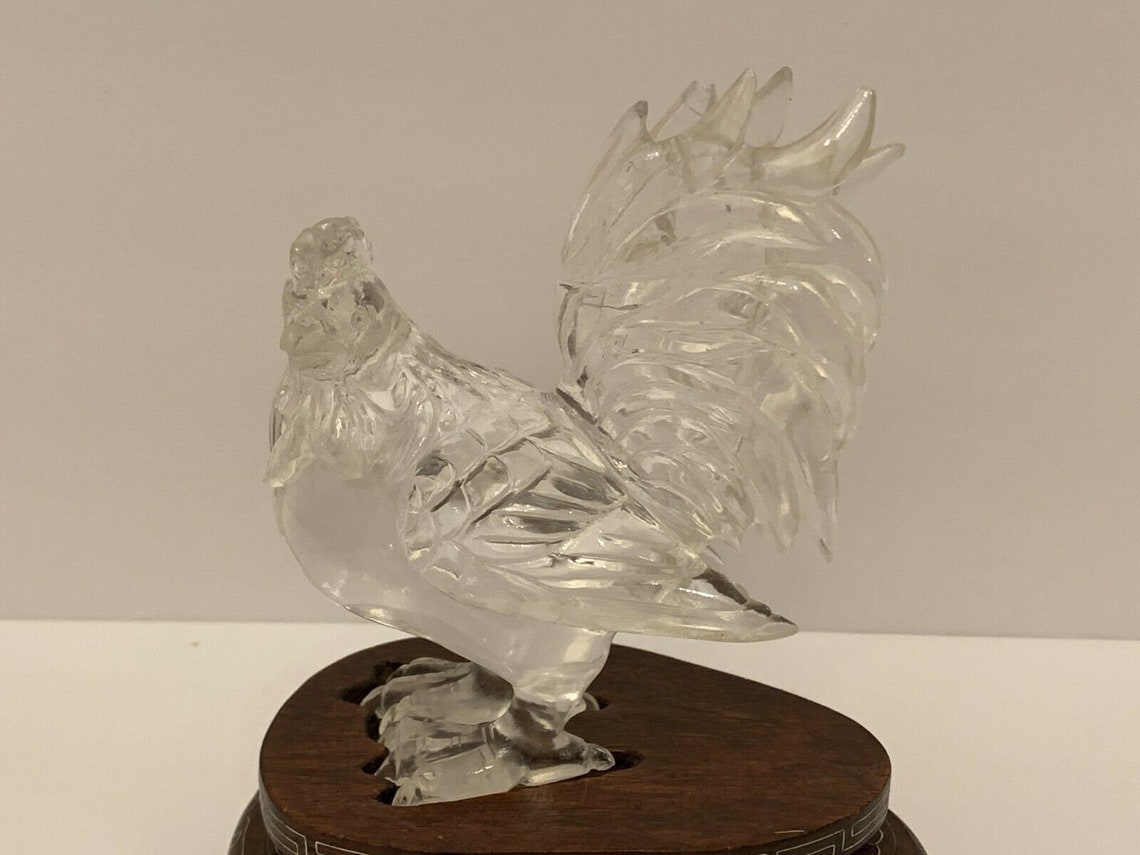 Antique Chinese Carved Rock Crystal Rooster Sculpture on Wood | Etsy