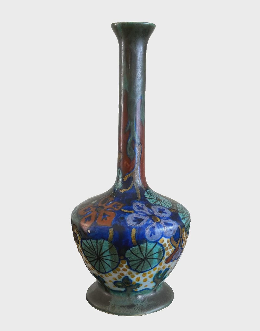 Vintage Gouda Pottery Holland Netherlands Flowers Design 8 3/8" Tall ...