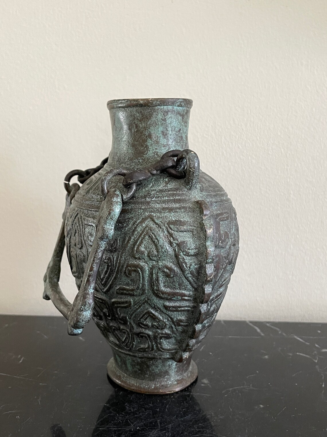 Vintage Chinese Solid Bronze Jar Jug Vessel With Chain Handle - Etsy