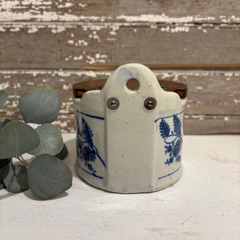 Antique Stoneware Salt Box - Farmhouse Kitchen - Wooden Lid Salt Box ...