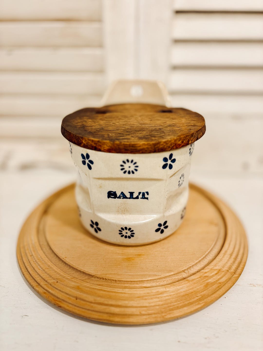 Vintage Salt Box - Farmhouse Decor - Wooden Lid Salt Box - Blue & White ...