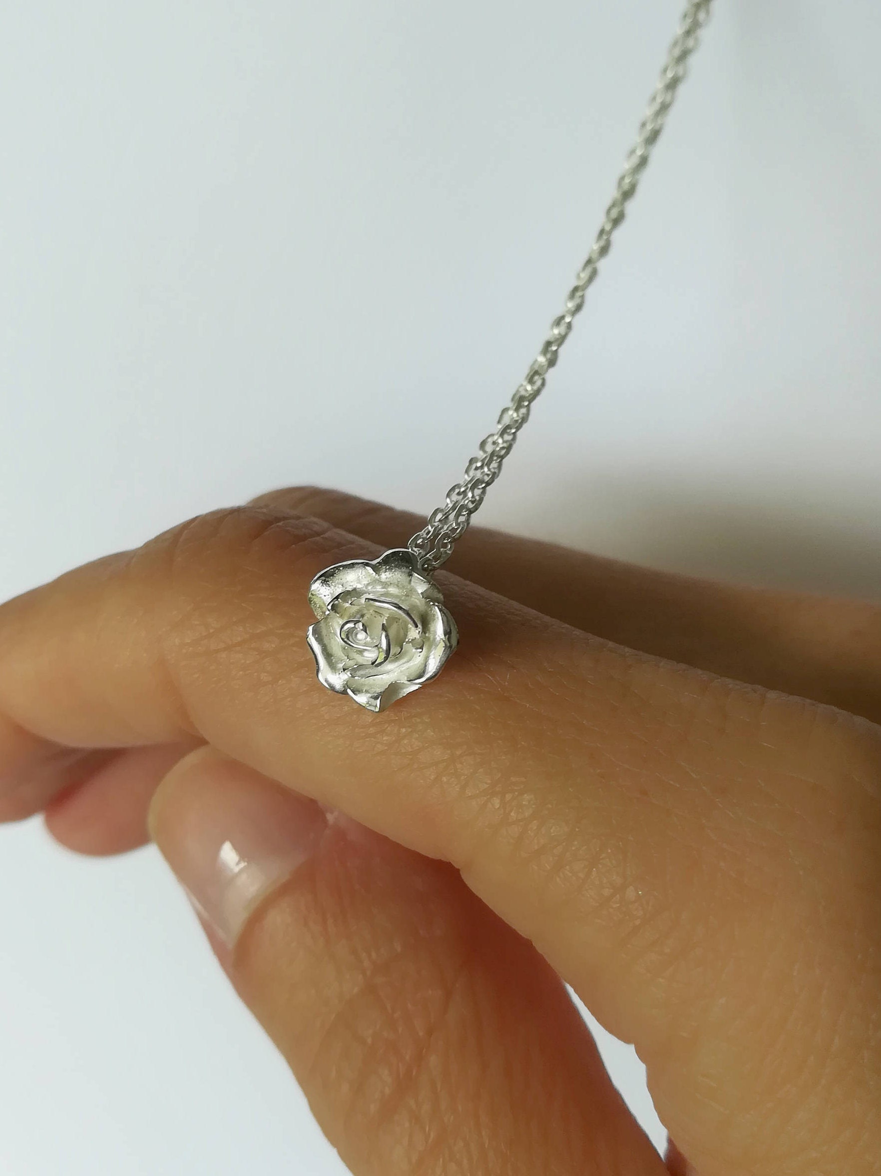 Sterling Silver Rose Necklace Small Rose Necklace Mini - Etsy