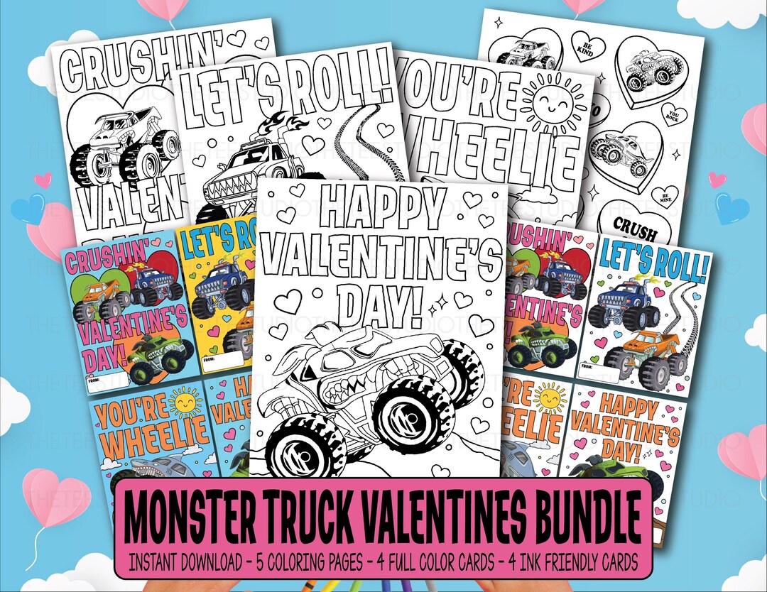 Monster Truck Valentines | Coloring Pages & Cards (digital Download) - Etsy