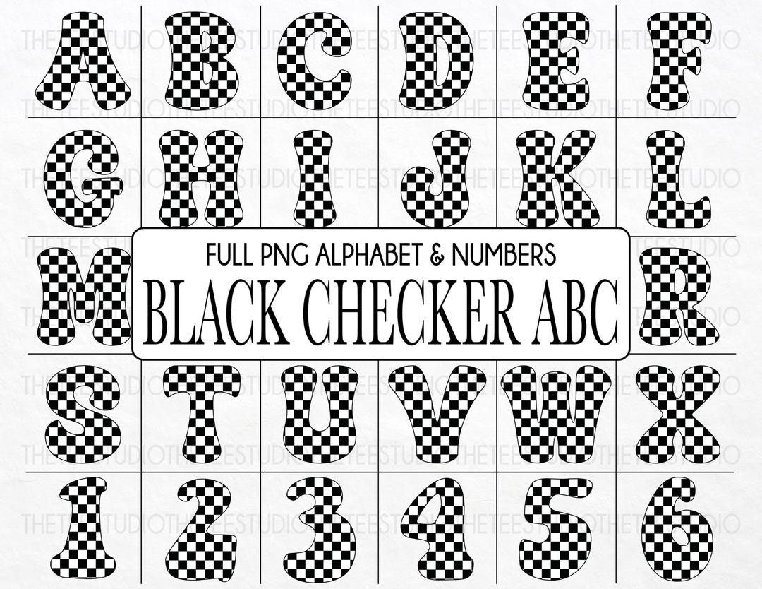 Retro Checkered Alphabet PNG: Black and White Letters, Numbers (digital ...