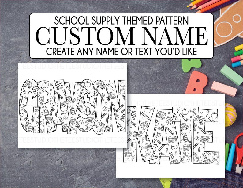 Custom Name Coloring Page: School Theme (digital Download) - Etsy
