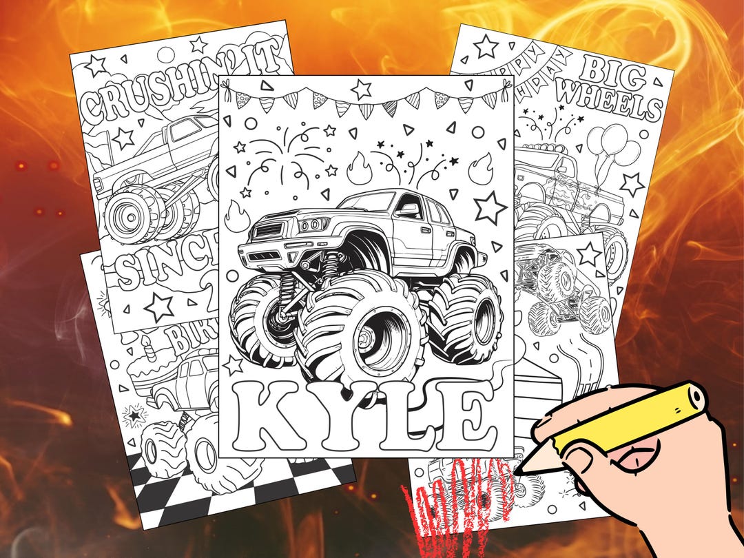 Monster Truck Birthday Coloring Pages, Custom Name & Age Download ...