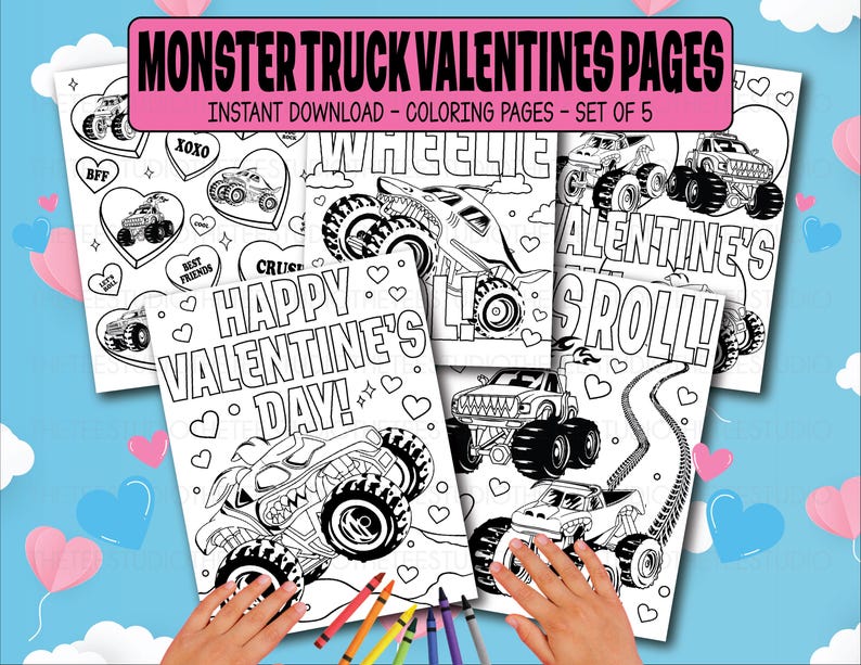 Monster Truck Valentines | Coloring Pages & Cards (digital Download) - Etsy