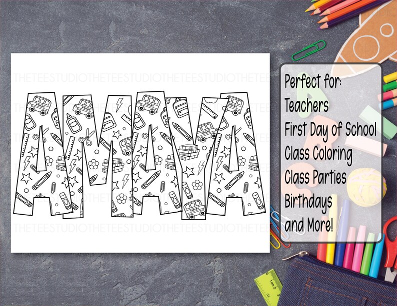 Custom Name Coloring Page: School Theme (digital Download) - Etsy